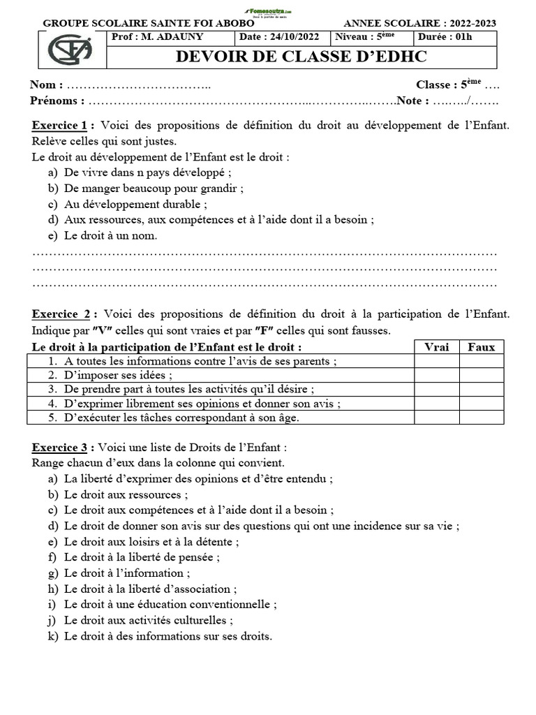 Devoir EDHC 5ème | PDF