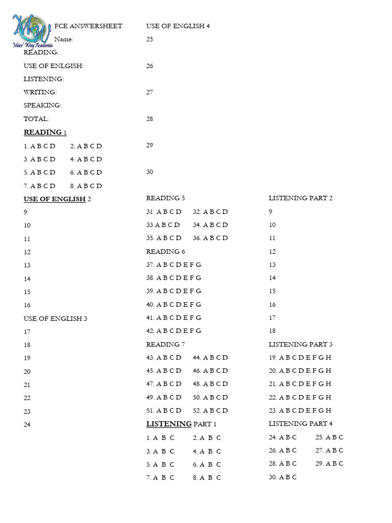 Fce Answersheet 2023 | PDF