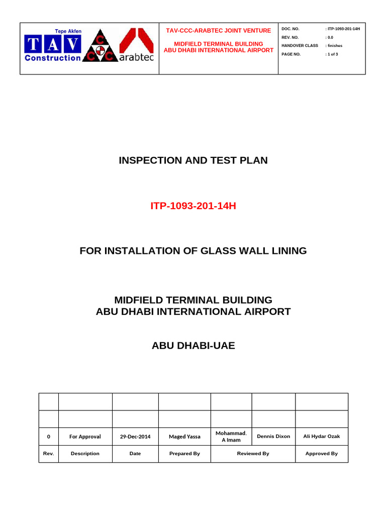 Glass Wall Lining ITP for Abu Dhabi Airport | PDF