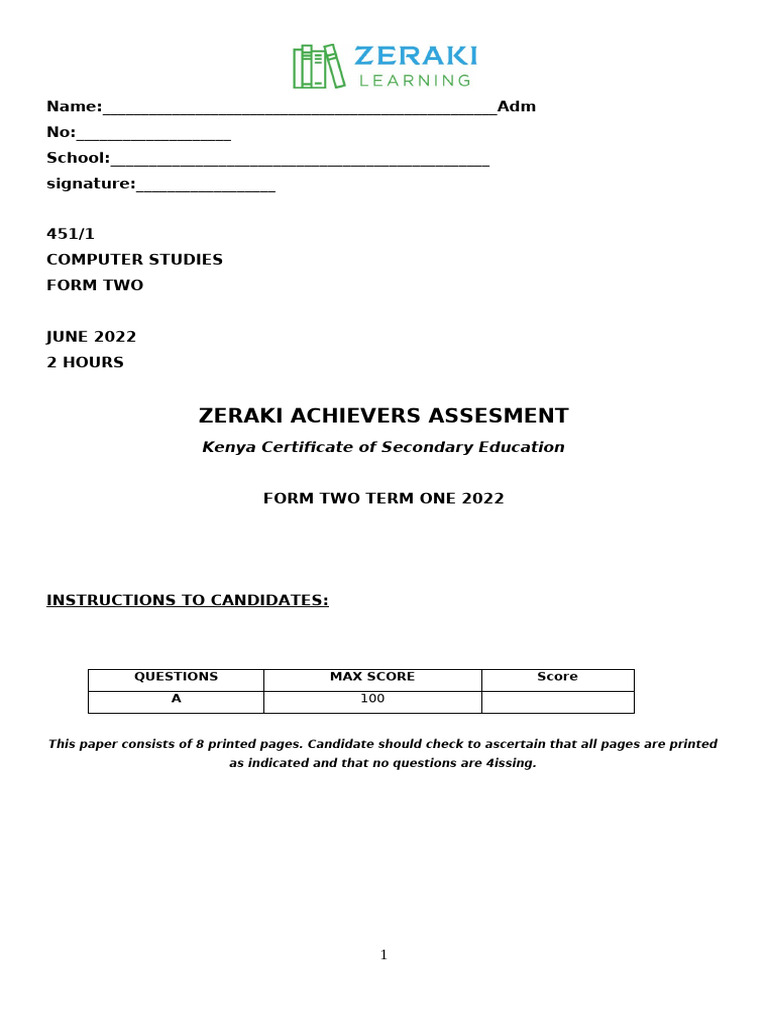 Computer Studies - Computer Studies Form 2 - Question Paper | PDF | Input/Output | Operating System