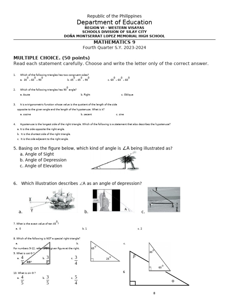 Math 9 Trigonometry Quiz Questions | PDF | Trigonometric Functions ...