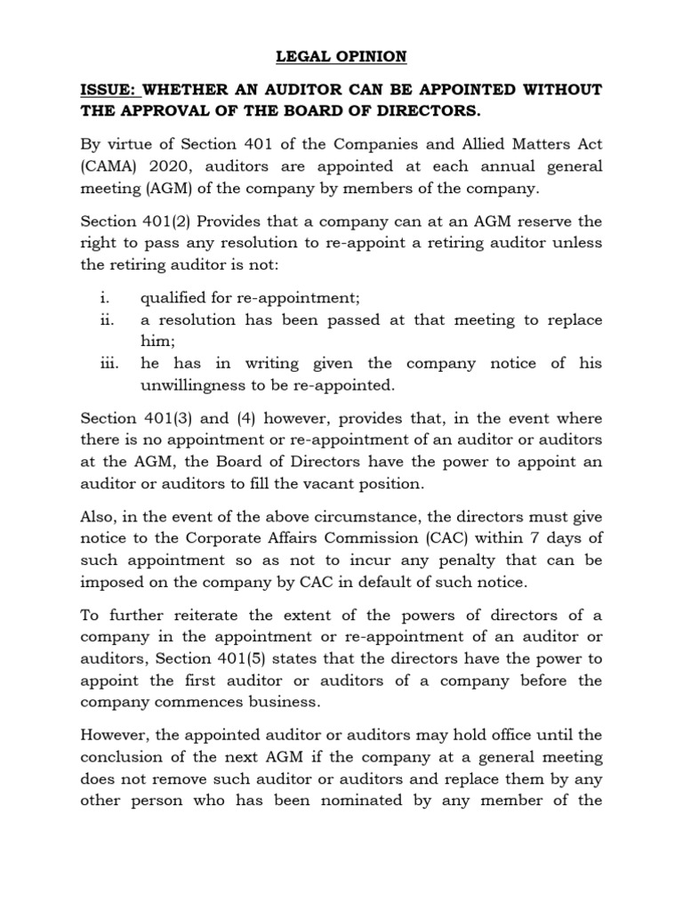 Auditor Appointment Under CAMA 2020 | PDF | Board Of Directors | Justice