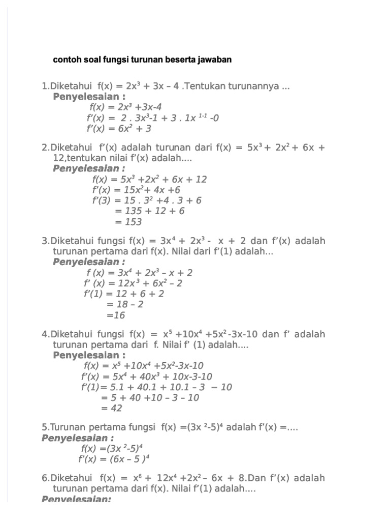 PDF Contoh Soal Fungsi Turunan Beserta Jawaban - Compress | PDF