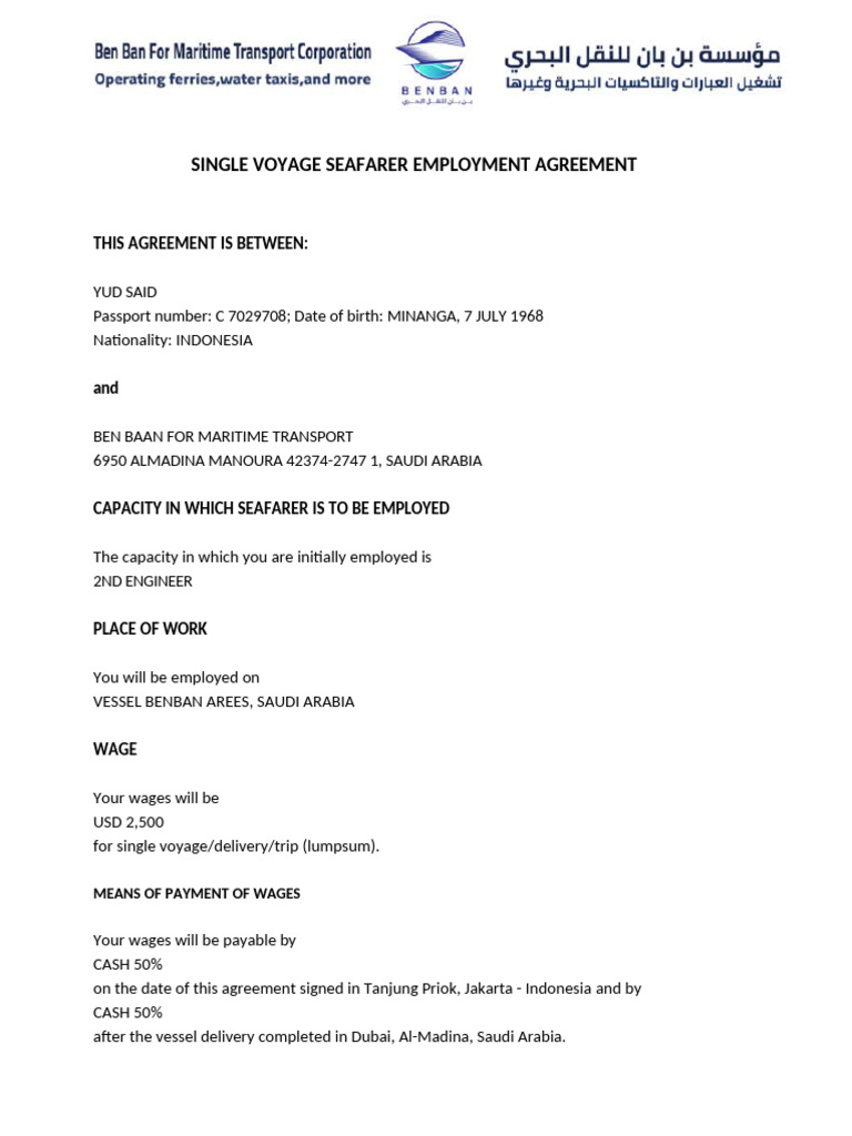 Seafarer Employment Agreement Sample | PDF | Employment | Admiralty Law
