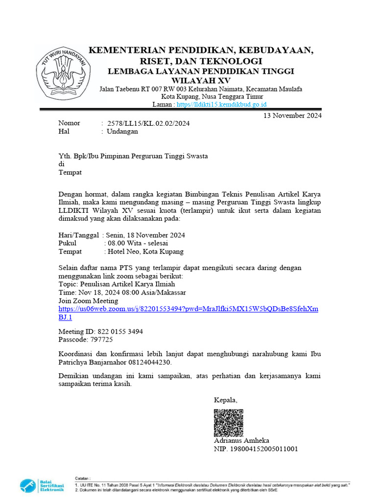 Surat Undangan Bimtek Penulisan Artikel & Lampiran | PDF