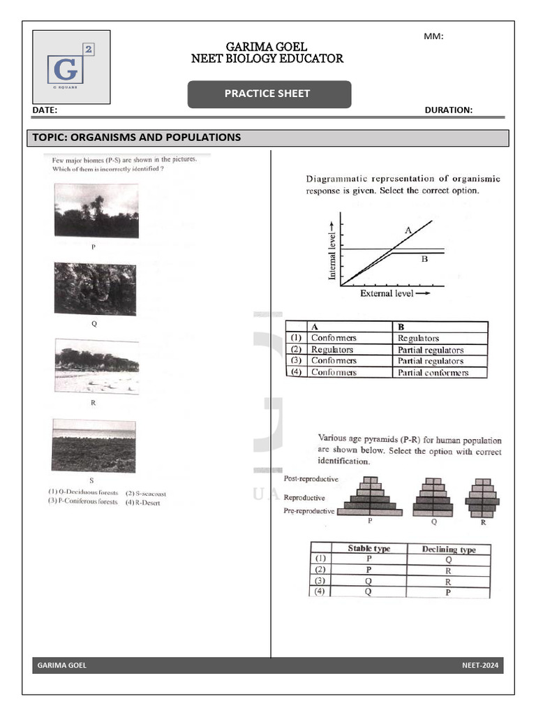 BIOLOGY DPP - 11 Organisms and Populations by Garima Mam | PDF | Ecosystem | Soil