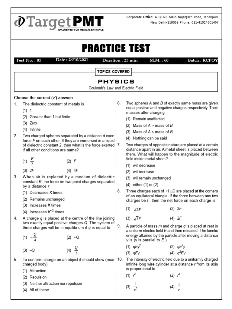 Coulomb's Law Practice Test Answers | PDF | Electric Field ...