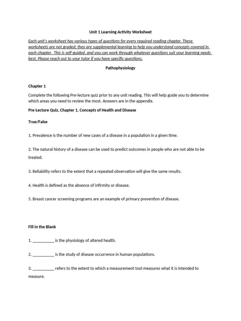 Unit 1 Learning Activity Worksheet | PDF | Sensitivity And Specificity ...