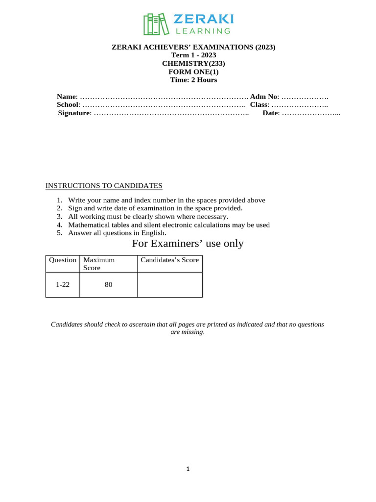 Chemistry Chemistry Form 1 Marking Scheme PDF Chemistry Materials