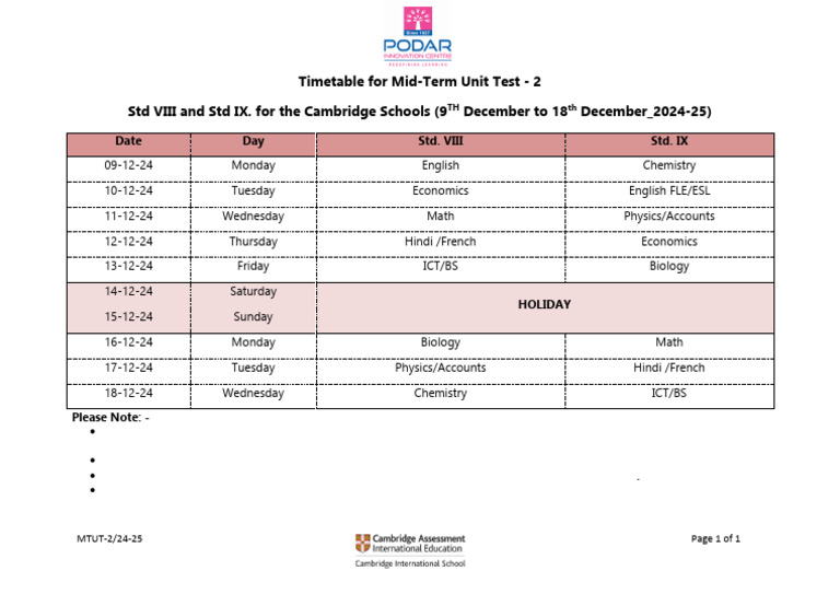 Timetable - STD VIII - IX - MTUT2 (1) - 1 | PDF