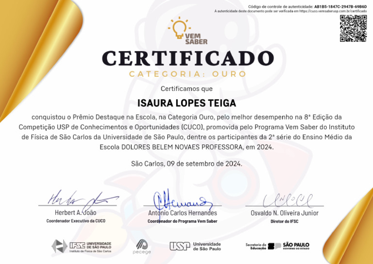 Certificado Aluno Escola Cuco 2024 | PDF