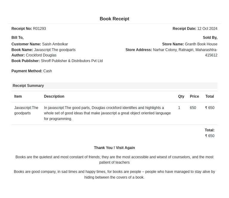 Book Receipt for Javascript: The Good Parts | PDF