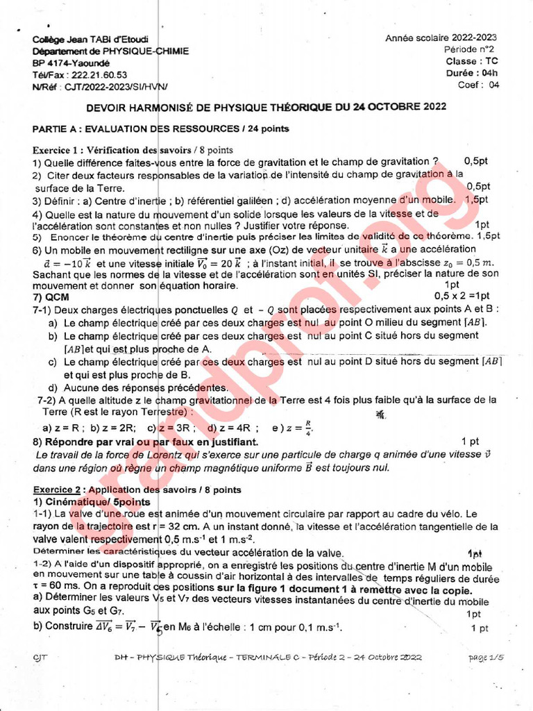 Physique TleC Evaluation2 College Jean Tabi 2022 2023 | PDF