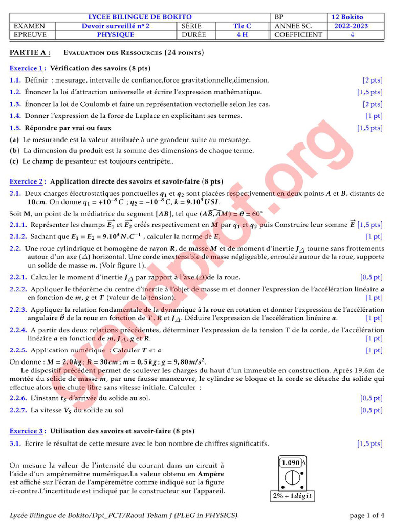 Physique TleC Evaluation2 Lycee Bilingue Bokito 2022 2023 | PDF