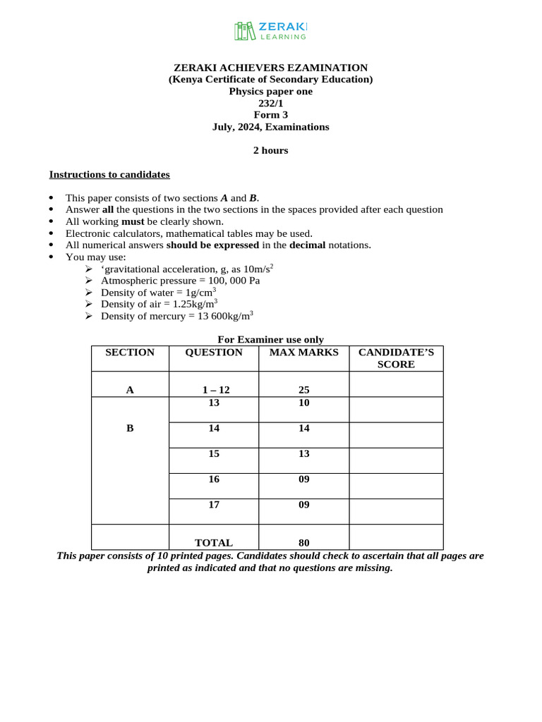 KCSE Physics Exam Prep | PDF | Force | Mass