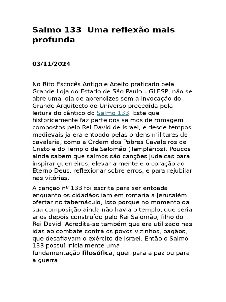 Salmo 133 Uma Reflexão Mais Profunda | PDF | Davi | Israel