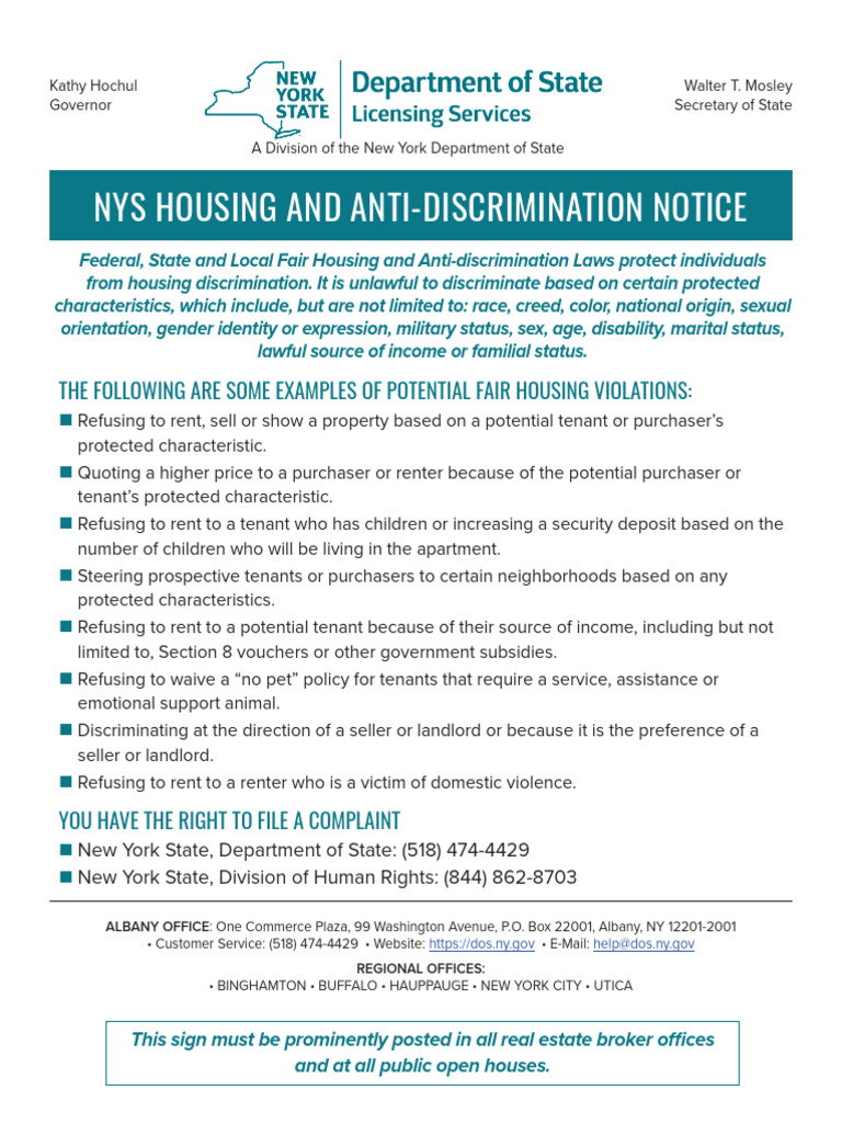 Nys Housing and Discrimination Notice | PDF | Discrimination | Prejudice And Discrimination