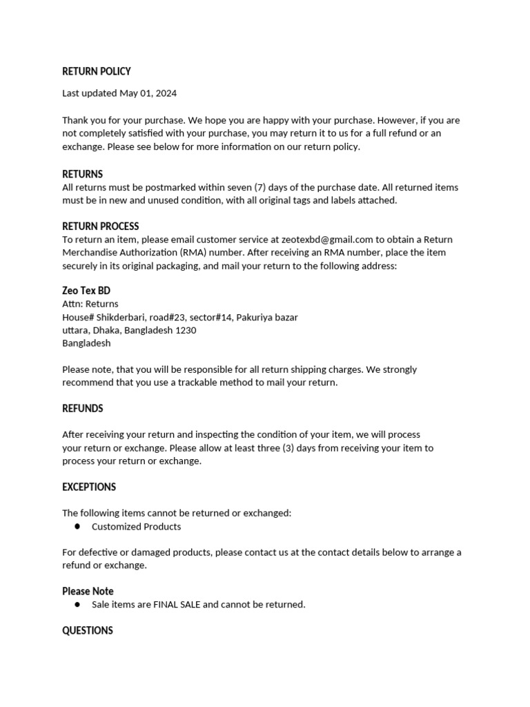 Zeo Tex BD Return Policy Details | PDF