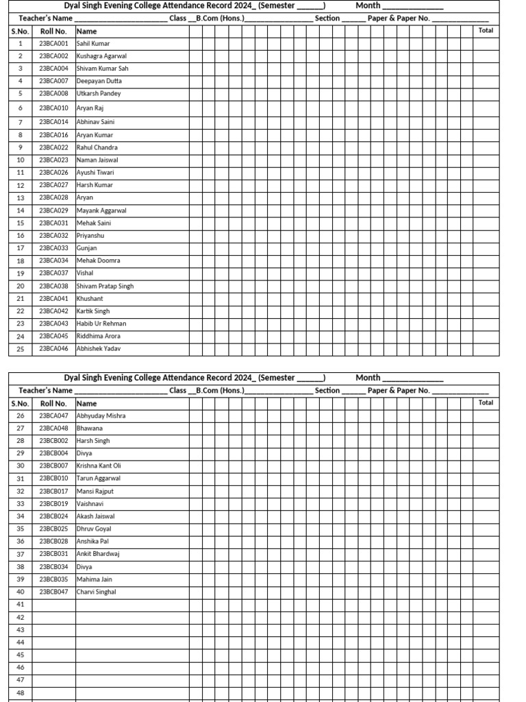 Attendance Sheet - B.com (Hons) VTH Dec 2024 | PDF