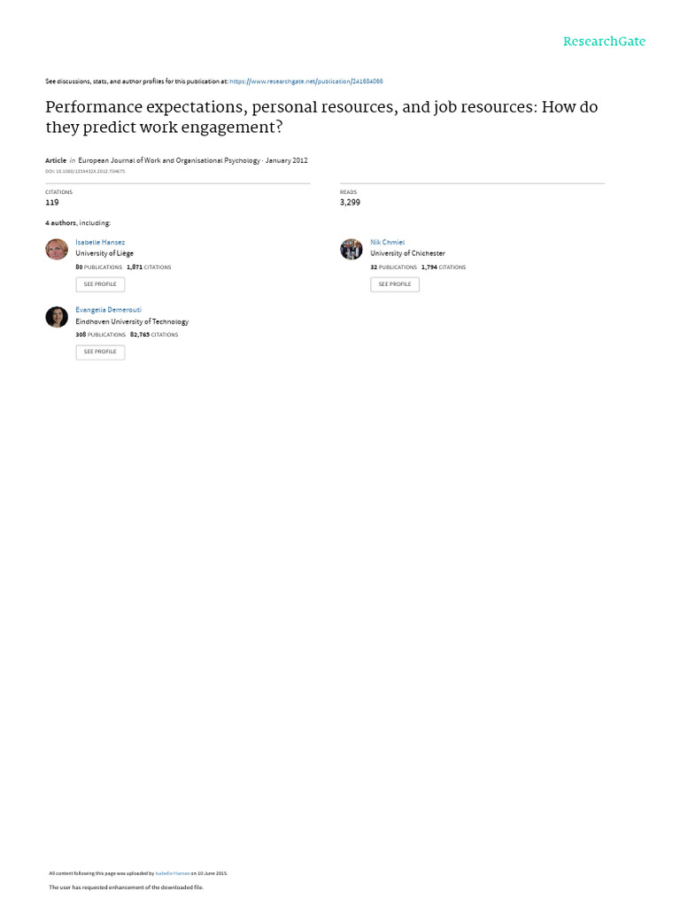 Performance Expectations, Personal Resources, and Job Resources: How Do They Predict Work ...