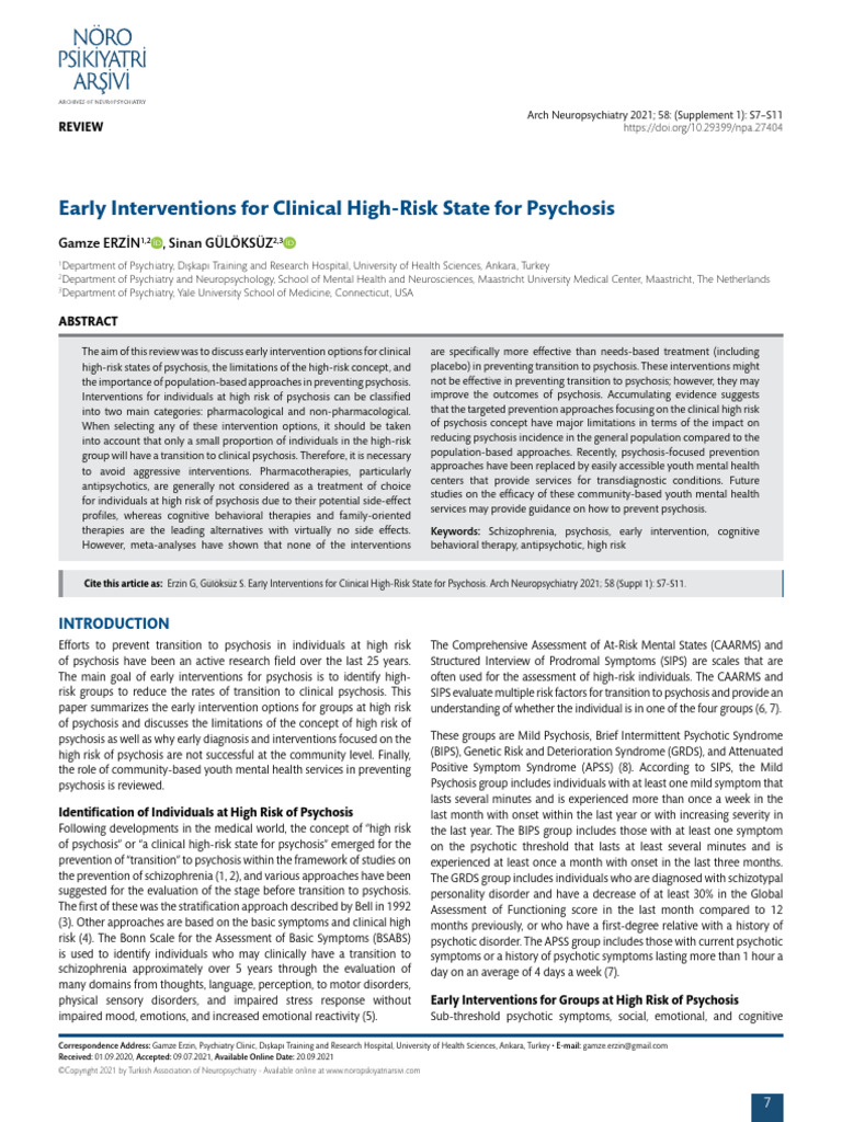 Early Interventions For Clinical High-Risk State For Psychosis Gamze ...