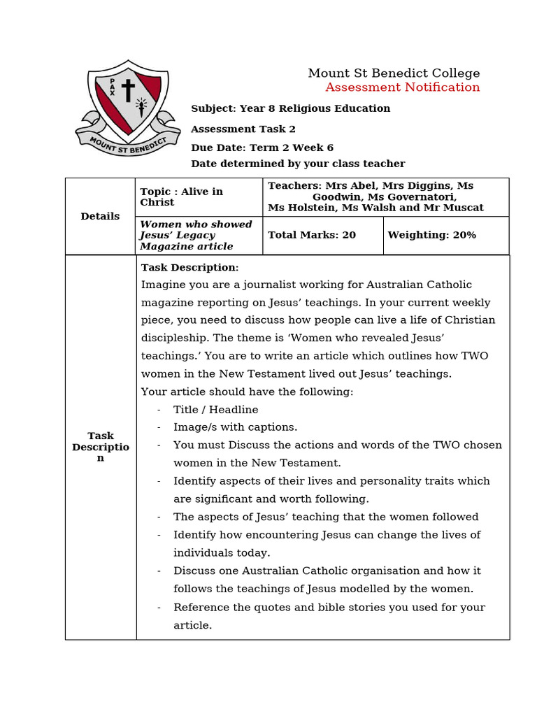 2024 Year 8 RE Assessment Task 2 Notification - Alive in Christ | PDF ...