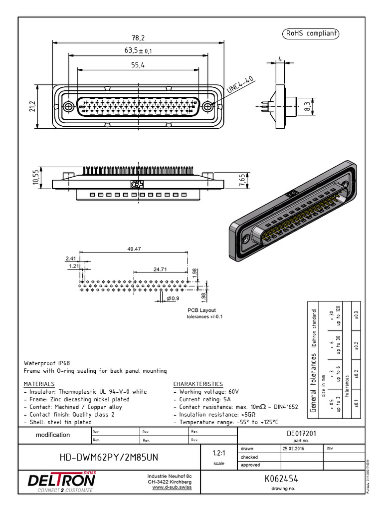 Datasheet 1969116 Deltron Connectors Deltron HD Dwm62py2m85un D Sub Plug 180 Number of Pins 62 ...