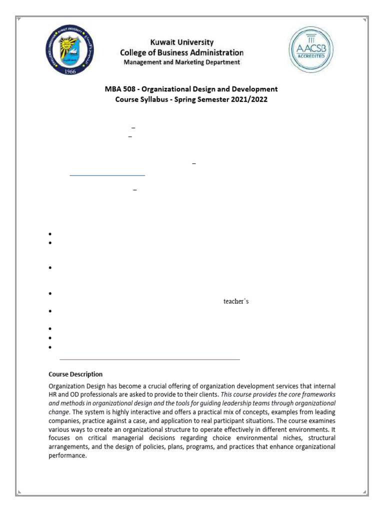 MBA 508 - Organizational Design and Development Course Syllabus ...