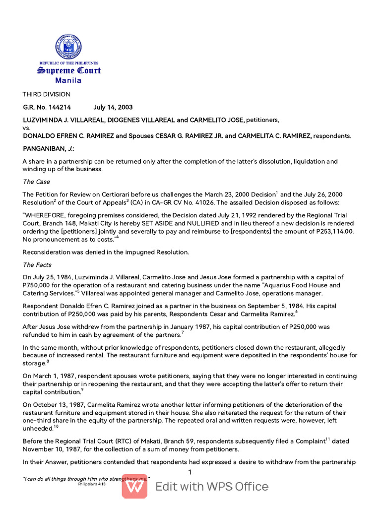 Luzviminda Villareal Et Al VS Diosdado Efren Ramirez Et Al | PDF | Partnership | Lawsuit