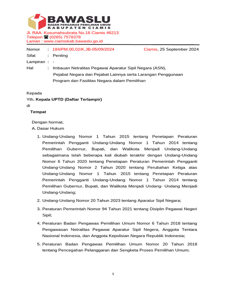 Surat Imbauan Kampanye Kepada UPTD 25 September 2024 | PDF | Politik ...