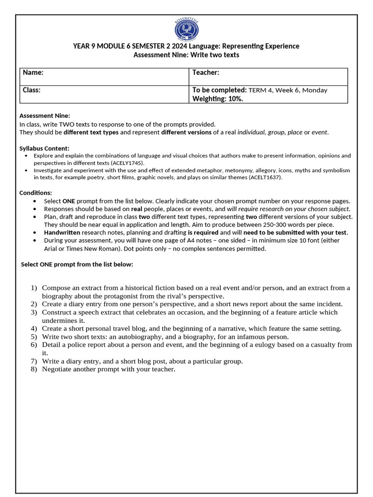 Year 9 - Assessment 9 - Task Brief - 2024 - FINAL | PDF | Human Communication