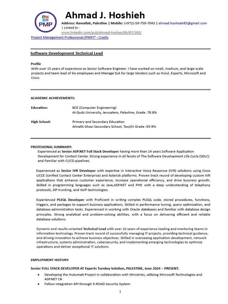 Ahmad Hoshya Senior ASP - NET Senior Software Development Resume | PDF | Interactive Voice ...