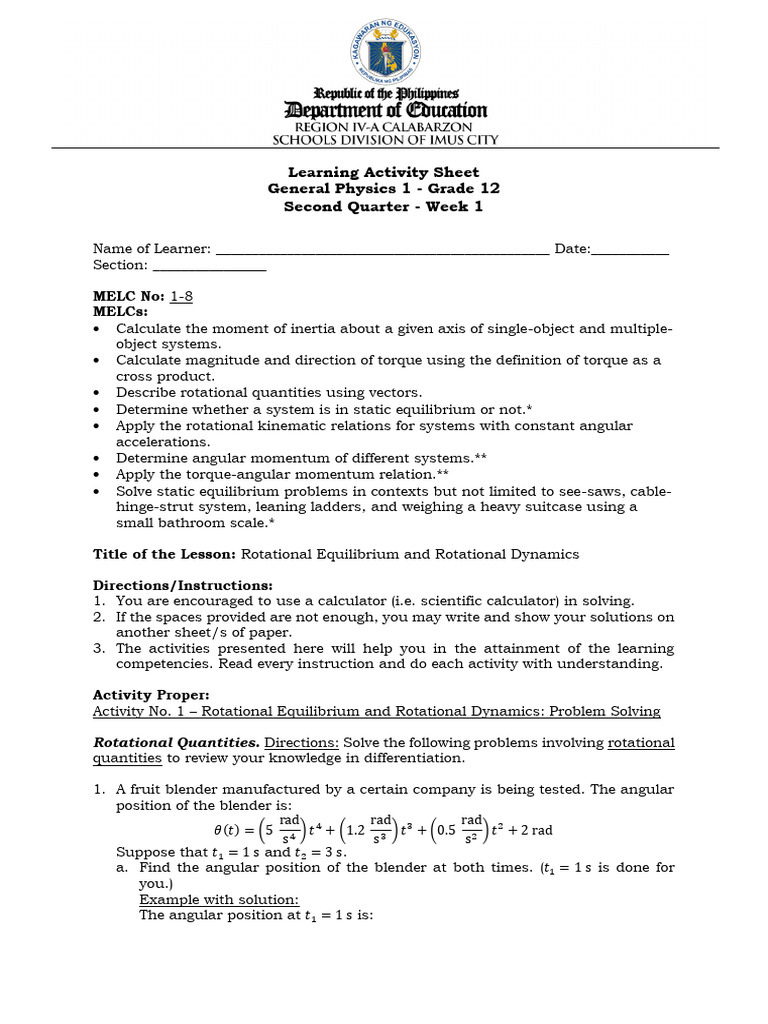 Gen.-Physics-1 G12 Q2 W1 LAS | PDF | Rotation Around A Fixed Axis | Torque