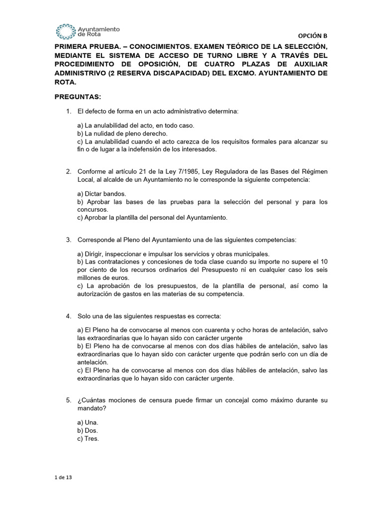 Examen Tipo B Pdf España Gobierno Local