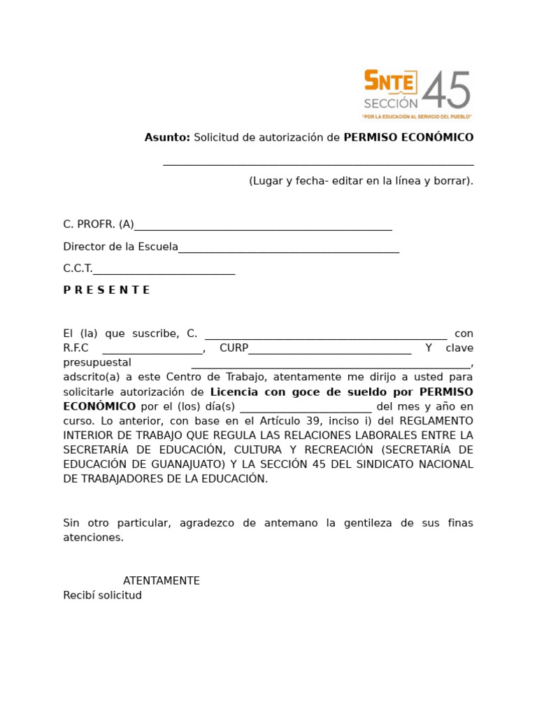 Solicitud de Permiso Económico SEP | PDF