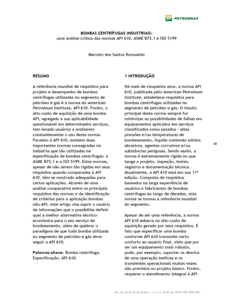 Bombas Centrífugas: Análise API 610, ASME B73.1, ISO 5199 | PDF