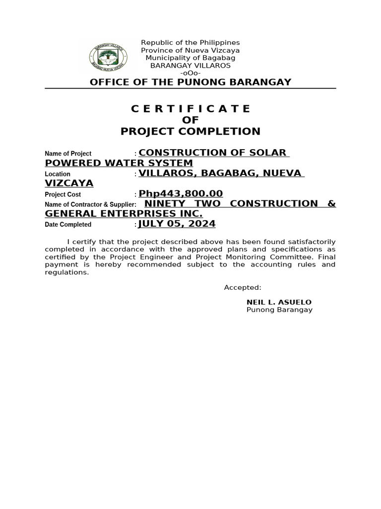 Project Completion Certificates for Villarros | PDF