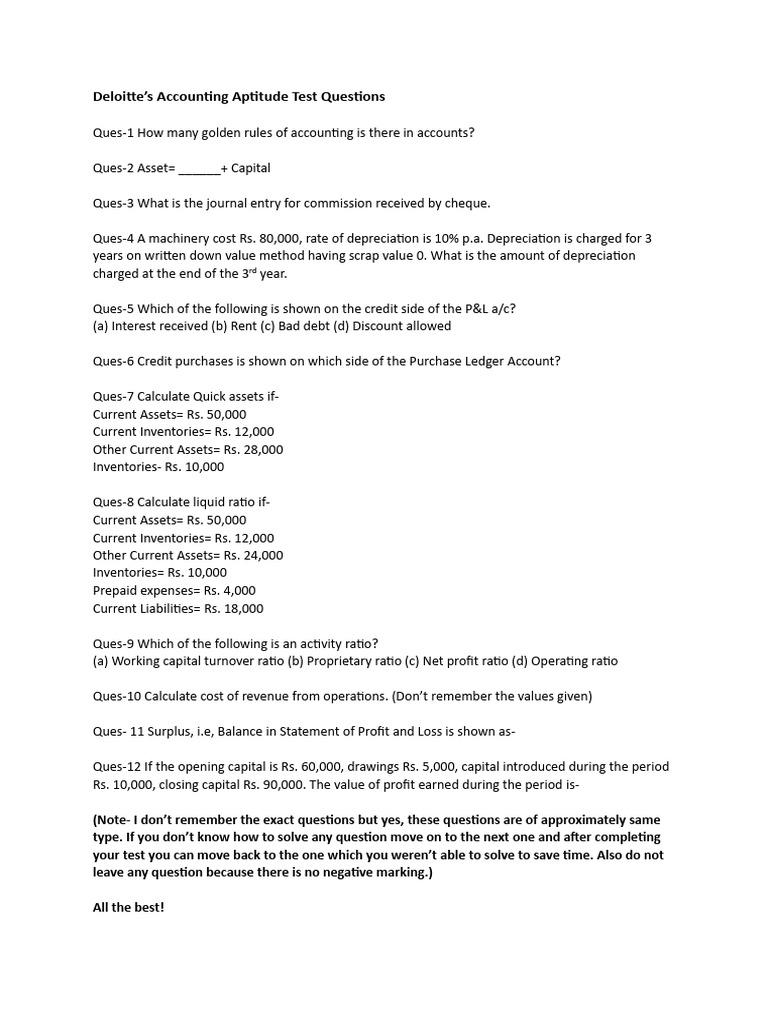 Deloitte's Accounting Aptitude Test Questions | PDF | Finance & Money ...