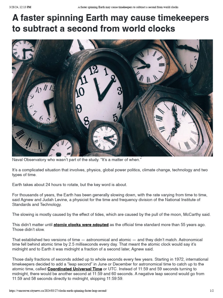 A Faster Spinning Earth May Cause Timekeepers To Subtract A Second From World Clocks | PDF ...