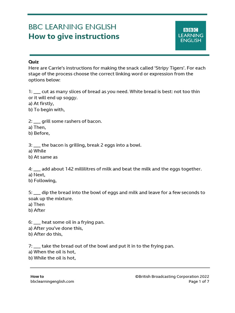 How To Give Instructions Worksheet | PDF | Bacon | Scone