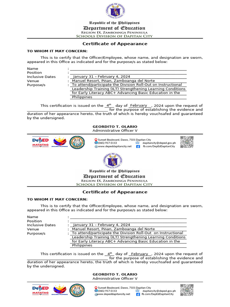 Certificate of Appearance Tag-Ulo New | PDF | Learning