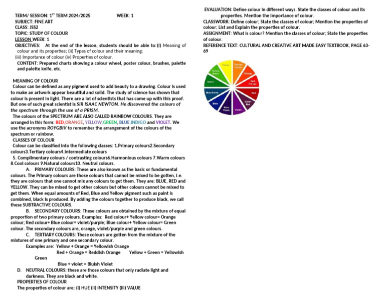 JSS 2 Week One Lesson Note 2025 | PDF | Color | Lighting