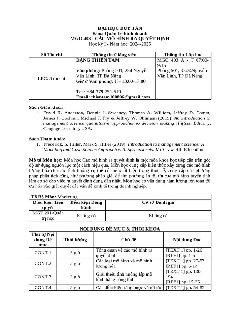 MGO 403 - Cac Mo Hinh Ra Quyet Dinh - 2023S - Syllabus | PDF