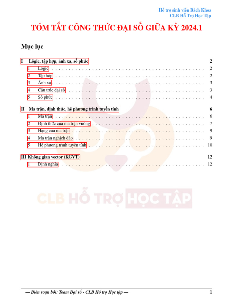 5. Bản Tóm Tắt Công Thức Giữa Kỳ 2024.1 Môn Đại Số - CLB HTHT | PDF