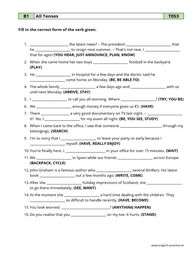 All Tenses - PDF Grammar Worksheet - B1 - T053 | PDF