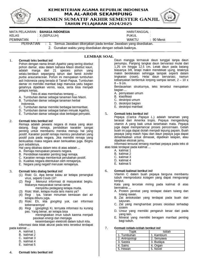 Soal Asas Ganjil Bahasa Indonesia X | PDF | Seni & Disiplin Bahasa | Kajian Bahasa Asing
