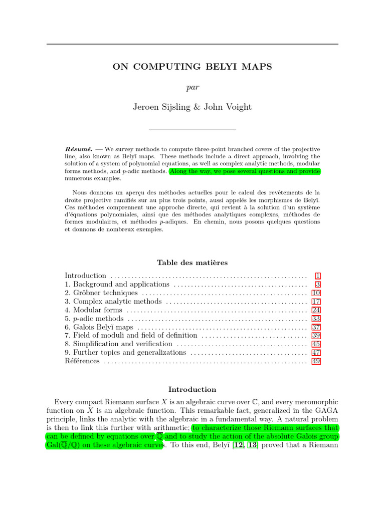 Voight On Computing Belyi Maps | PDF | Group (Mathematics) | Field ...
