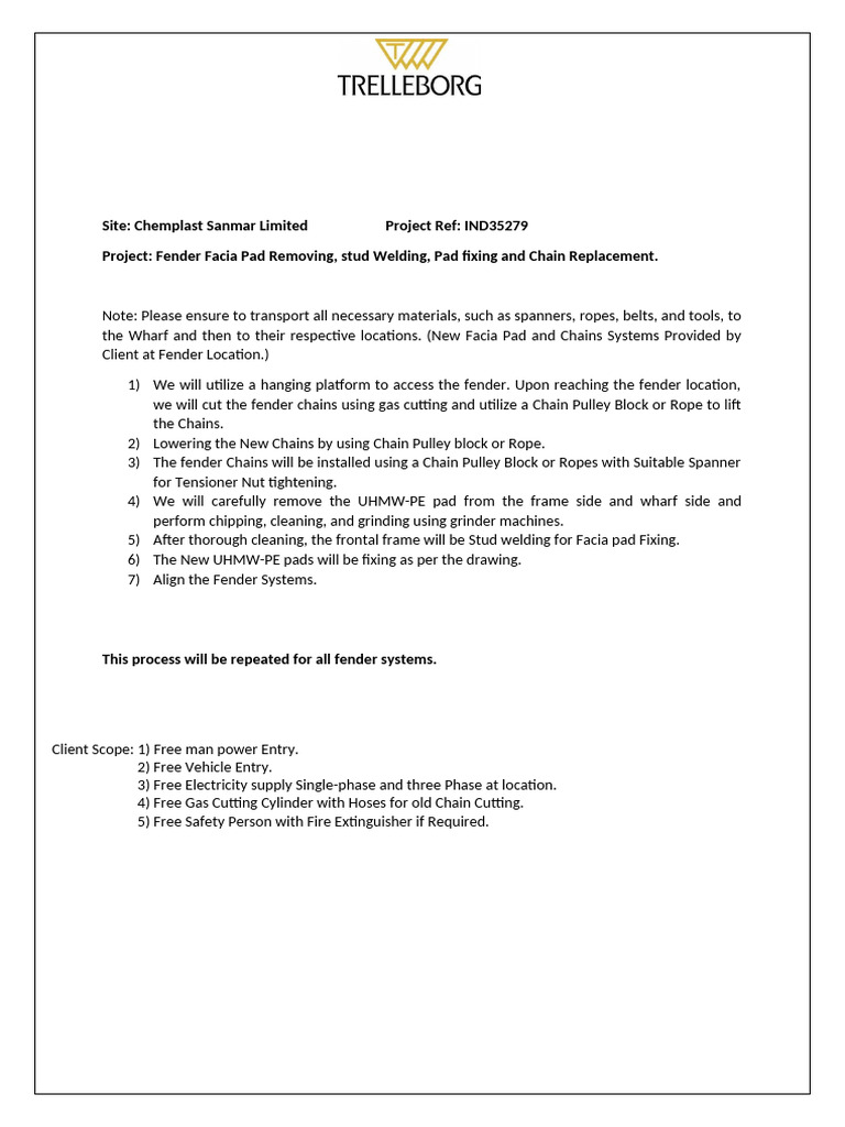 CSL, MTF Fender Chain and Favia Pad Replacement Job Methodology | PDF