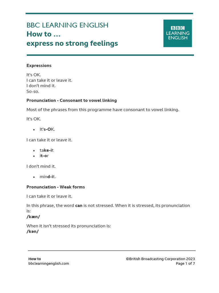How To Express No Strong Feelings Worksheet | PDF | English Language ...