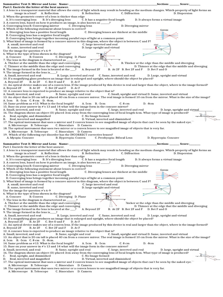 Mirror and Lens Summative Test | PDF | Equipment | Optics
